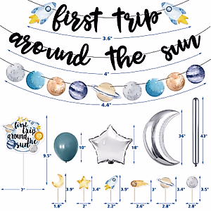 First trip Around the Sun Birthday Decorations -58pcs Outer Space 1st Birthday Banner First Trip Around the Sun Cake Toppers Solar System Party Balloons for Galaxy Party Supplies set