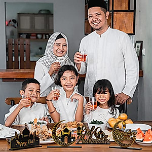 WATINC 4pcs Ramadan Kareem Wooden Table Topper Centerpiece Decorations, Happy Eid Mubarak Party Wood Tiered Tray Signs Table Decor, Al-Fitr Black Gold Detachable Tabletop Supplies for Home Kitchen