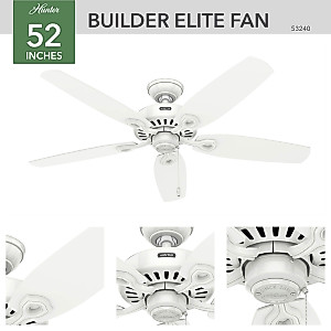Hunter Fan Company 53240 Builder Elite Indoor Ceiling Fan with Pull Chain Control, 52", Snow White Finish