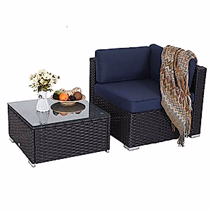 PHI VILLA Outdoor Sectional Furniture Clearance 2 Piece Patio Sofa Set Low-Back Rattan Wicker Additional Seat, Navy Blue
