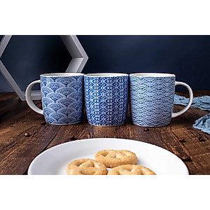 MACHUMA Set of 6 11.5 oz Coffee Mugs with Blue and White Geometric Patterns, Ceramic Tea Cup Set