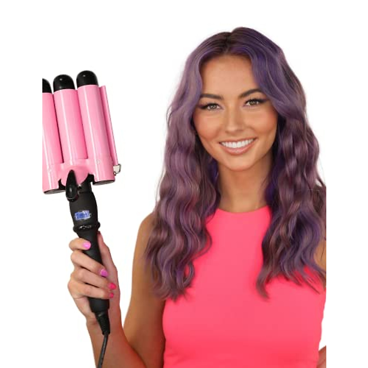 Trademark Beauty Babe Waves Jumbo -Three Barrel Hair Waver, Curling Iron, 1.25 Inch, Quick Heat, Adjustable Temperature Hair Curler - Pink