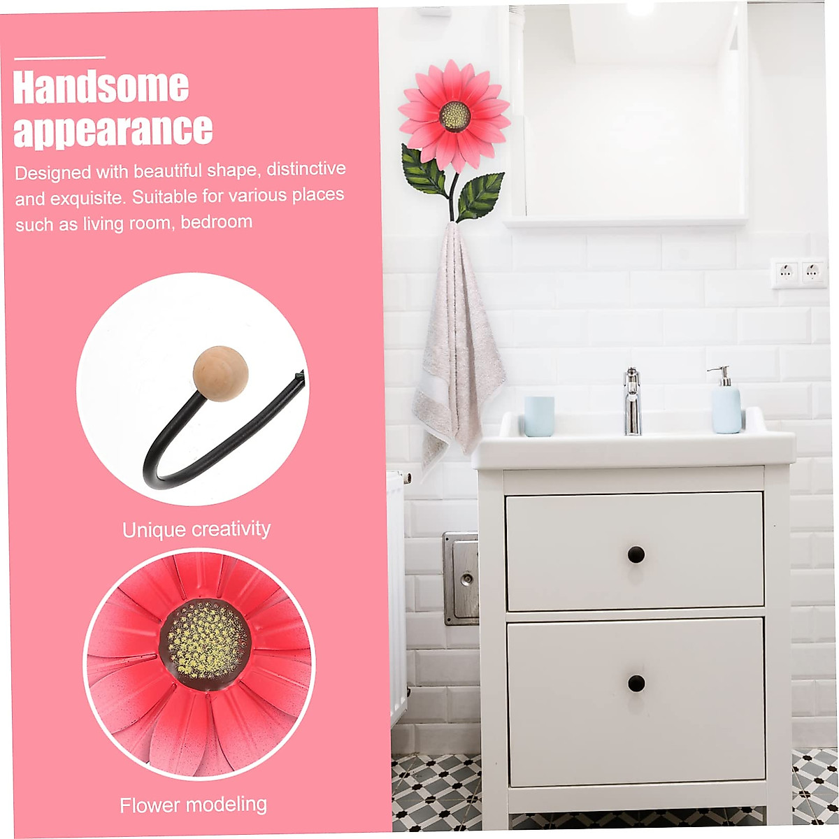 KONTONTY Small Daisy Wall Hanging Flower Wall Art Hooks Rose Decor Wall Mounted Hook Iron Art Craft Utensil Hanger Wall Mounted Clothes Hanger Towel Hat Hook Wrought Iron Coat Pink Office