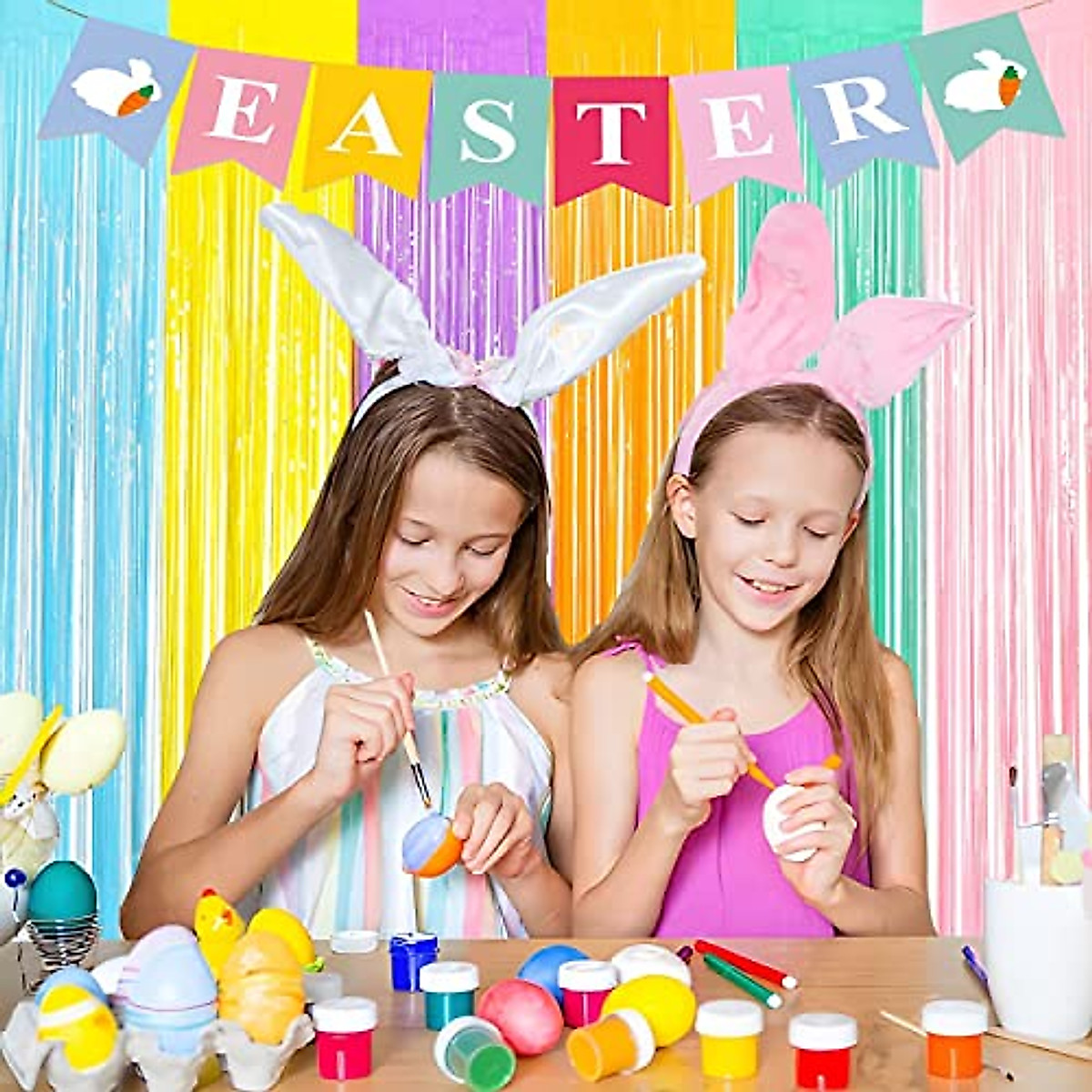 BRAVESHINE Glitter Tinsel Foil Fringe Curtains - 2Pcs 3.2x8.2ft Pastel Rainbow Photo Backdrop for Sweet Birthday Baby Shower Unicorn Mermaid Kids Candy Donut Ice Cream Easter Bunny Party Decorations