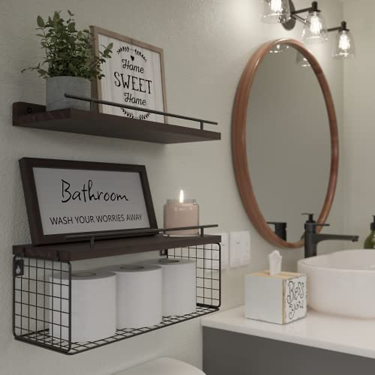 WOPITUES Floating Shelves with Bathroom Wall Décor Sign, Farmhouse Wood Bathroom Wall Shelves Over Toilet with Paper Storage Basket Set of 3, Rustic Floating Shelf with Guardrail–Rustic Brown