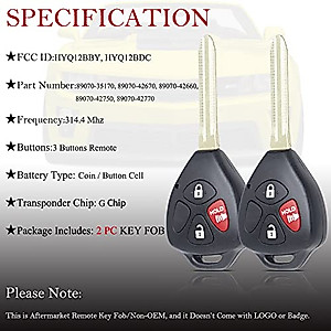 Key Fob Remote Replacement Fits for Toyota 4Runner 2010 2011 2012 2013 2014 2015 2016 2017 2018 2019/Rav4 2010-2012/Yaris 2012-2014 HYQ12BBY HYQ12BDC Keyless Entry Remote Control G Chip (Pack of 2)