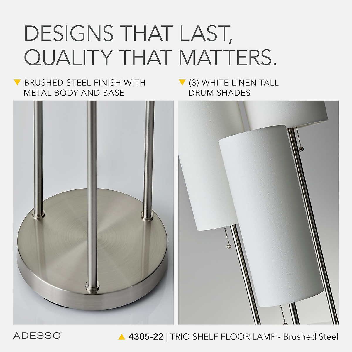 Adesso 4305-22 Trio Floor Lamp, 68.00 x 14.00 x 11.70 inches, Brushed Steel