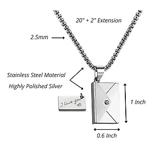 SHINYY Envelope Love Letter Necklace for Women and Men Stainless Steel Engraved Locket with I Love You Secret Message Jewelry Pendant Gift for Couples and Family (Silver)