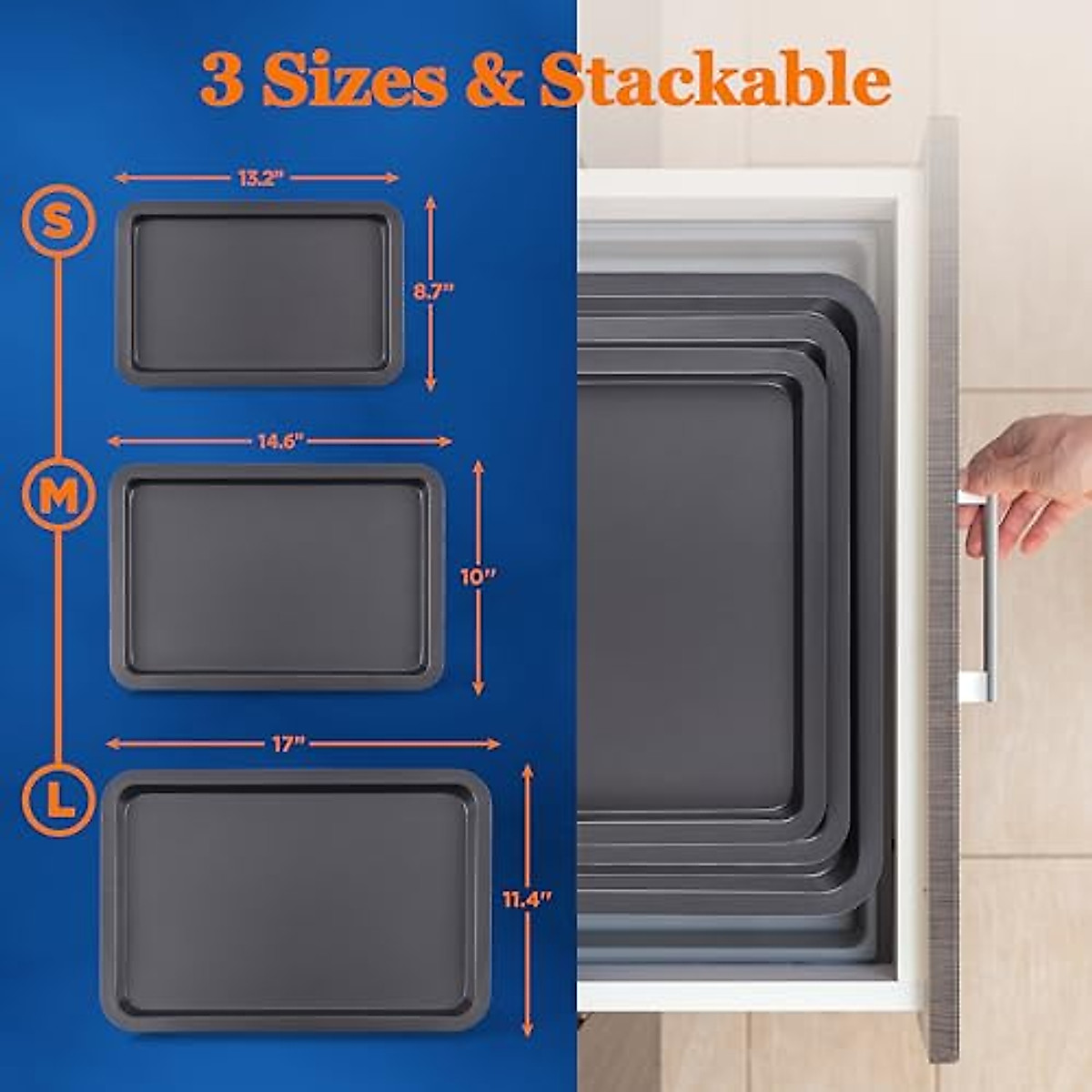 NutriChef 3-Piece Nonstick Oven Cookie Sheets for Baking - Heavy Duty Carbon Steel Baking Sheet Pans Set - Large, Medium, and Small Sized Baking Tray - Dishwasher Safe, Black