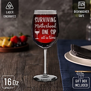 shop4ever Surviving Motherhood One Sip At A Time Engraved Stemmed Wine Glass Funny New Mom Gift (16 oz.)