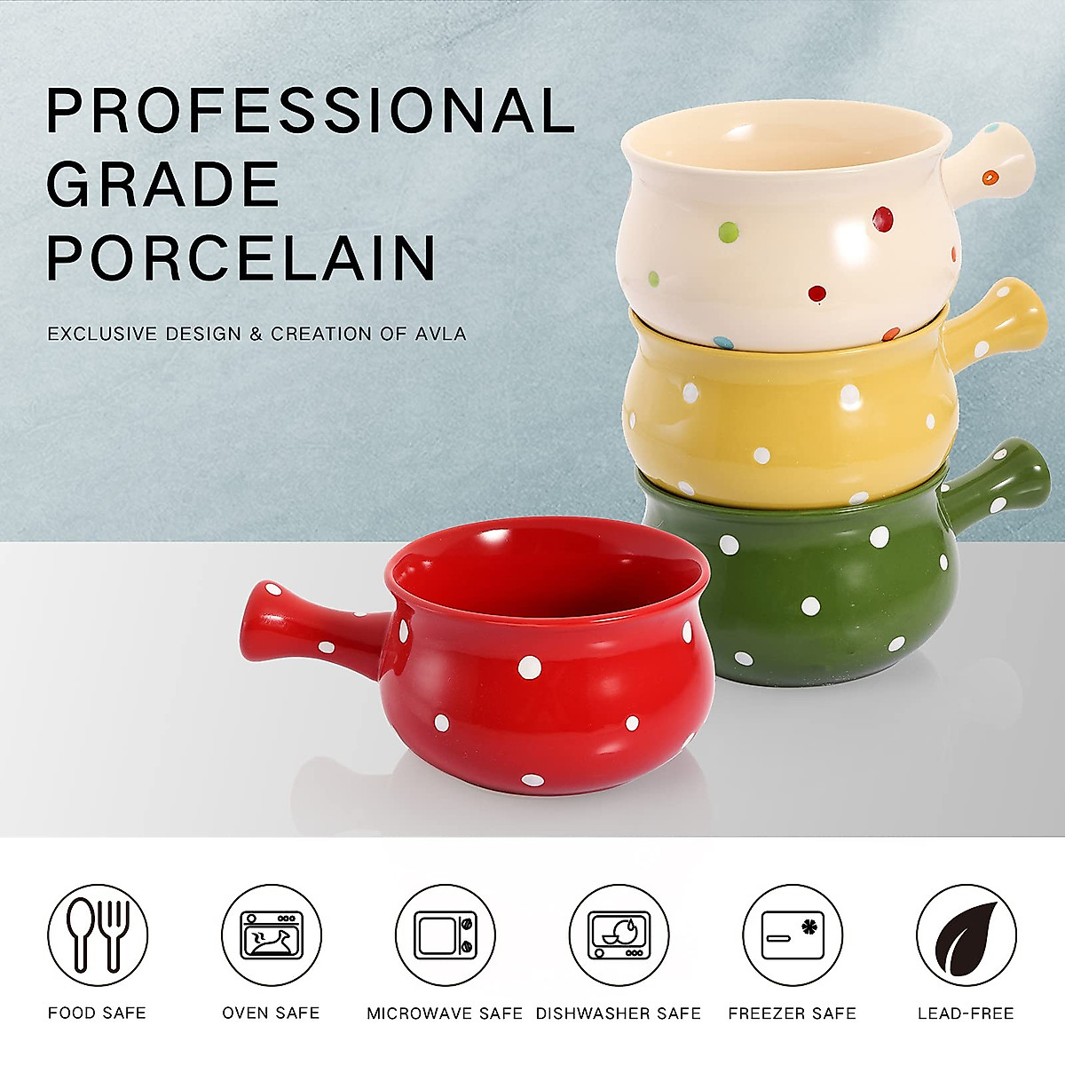 AVLA 4 Pack French Onion Soup Bowls with Handle, 20 Ounce Porcelain Soup Crock, Stackable Serving Bowl Bakeware for Soup, Beef Stew, Cereal, Chill, Microwave and Oven Safe, Polka Dot