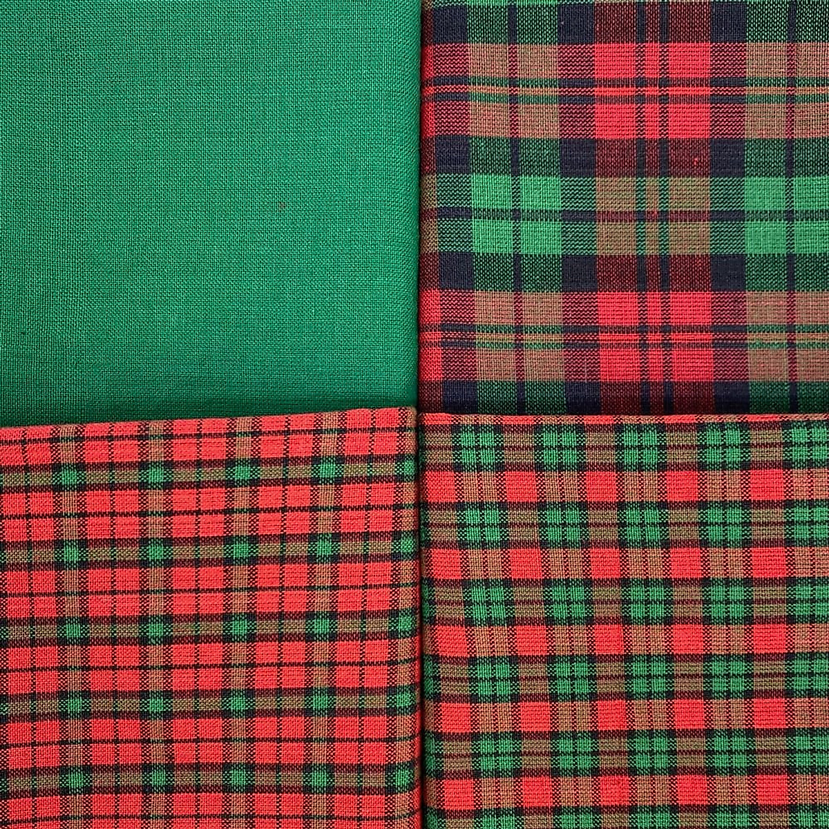 Set of 4 Fat Quarters, Christmas Red & Green Assorted Plaid Gingham Precut Fabric Homespun Cotton Bundle by JCS