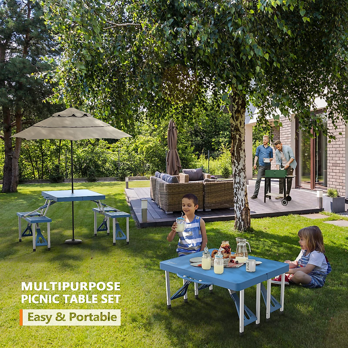 VINGLI 4 Ft Camping Picnic Table Set with 4 Seats with Umbrella Hole Folding Lightweight Suitcase Card Table-220 Lbs Support Aluminum Frame, Plastic RV Tabletop for Barbecue,Travel,Outing,Gathering