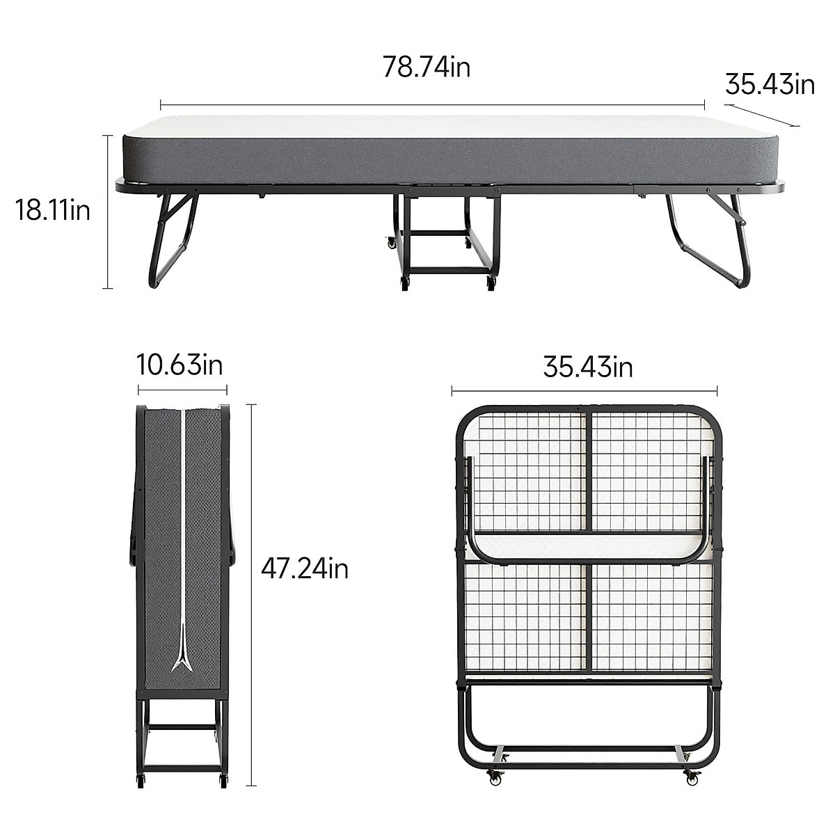 Umidex Folding Bed, (with 5.2" Thick Memory Foam Mattress), 79 * 35inch, Portable Foldable Adult with Mattress for Guest use, Metal Folding Frame, Reinforced Metal mesh, can Hold up to 550 lbs