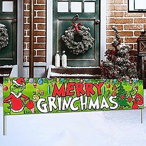 Grinch Christmas Decorations - Grinch Welcome Yard Sign Grinch Christmas Hanging Banners for Indoor Outside Front Door Living Room Kitchen Wall Party