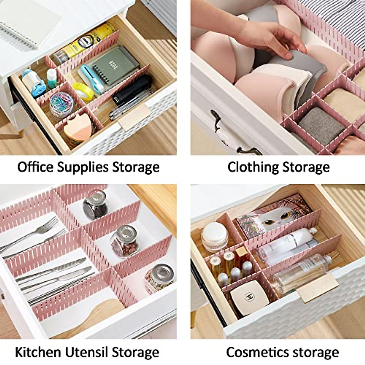 14.5 in Pink DIY Grid Drawer Organizer for Socks, TWUTGAYW 8PC Adjustable Plastic Storage Drawers Divider, Drawer Organizer Grid Dividers, Pink Drawer Partitions for Tie, Bras, Underwear, Makeup