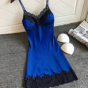 Aniywn Sleepwear Sexy Lingerie Nightgown Lace Chemise Satin Slip Silk Negligee Nightie Bridal Babydoll Slip Dress for Women Blue
