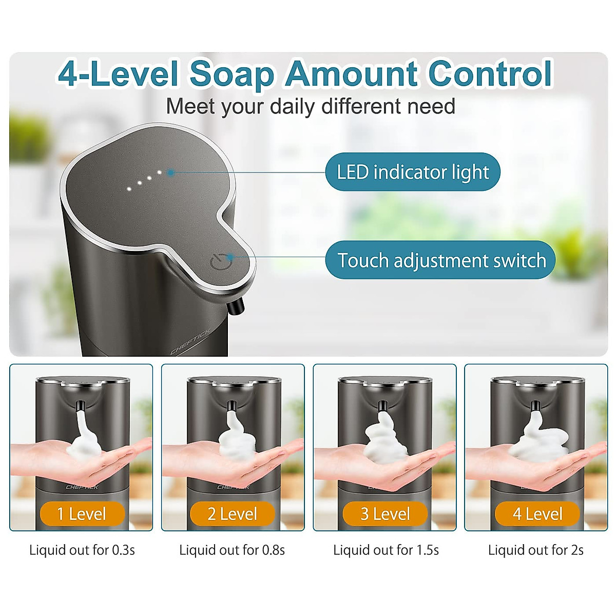 Cheftick Soap Dispenser, Automatic Foaming Soap Dispenser with 4 Adjustable Volume Control, Touchless Rechargeable Hands Free Auto Soap Dispenser for Kitchen, Bathroom, Hotel, Restaurant,13.5oz/ 400ml