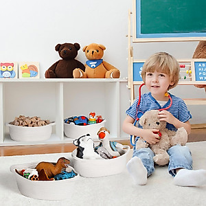 4 Pack Small Woven Basket with Handles, All 12"x 8"x 5", Cotton Rope Room Shelf Storage Basket, Cat Toys, Cute Baby Gift Basket with Gift Bags and Ribbons for Nursery, Empty Decorative Gift Chest Box