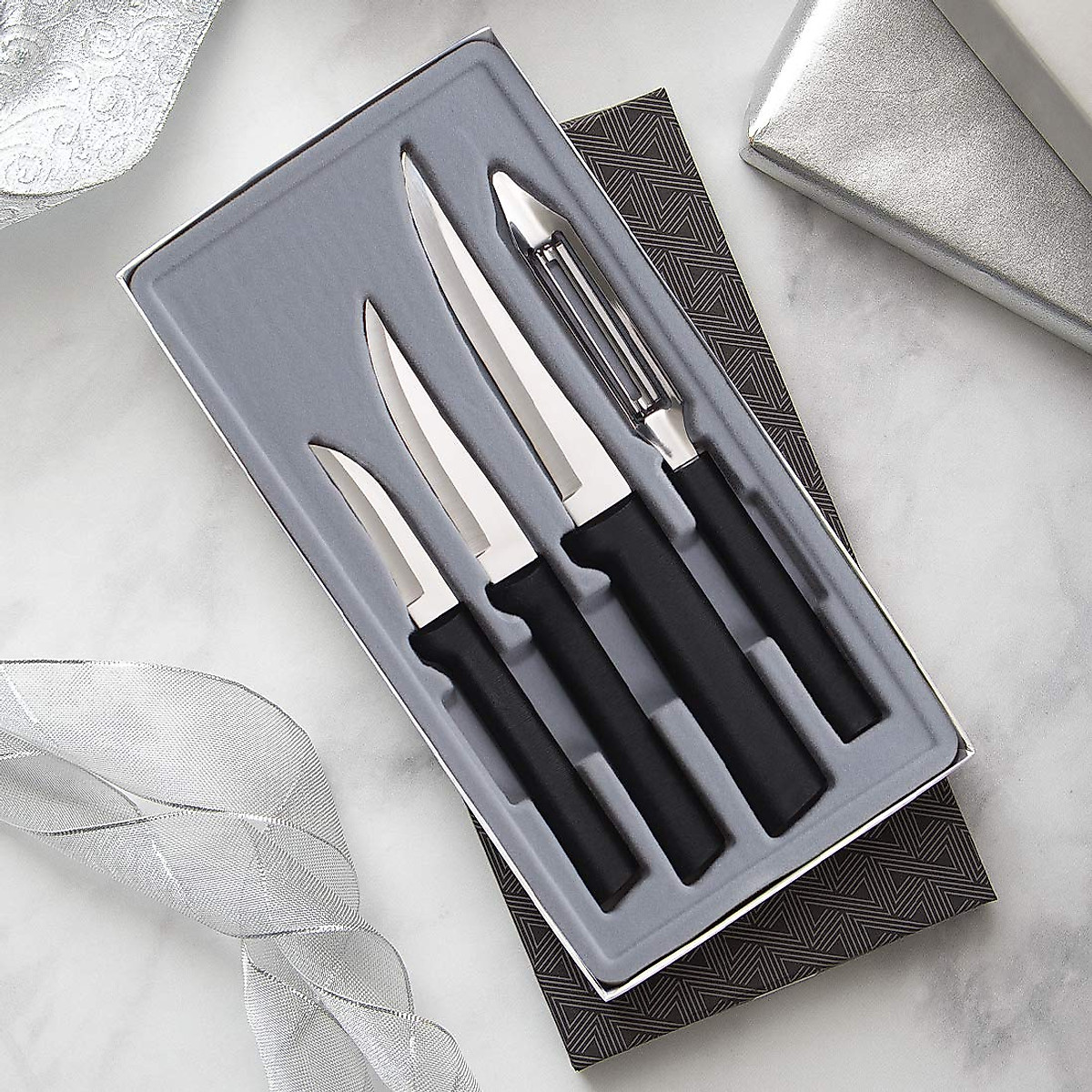 RADA Meal Prep 4-Piece Black Handled Paring Knife Gift Set With Knife Sharpener