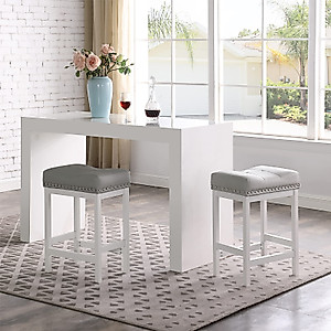 OUllUO Gray White Bar Stools Set of 2, Counter Height Bar Stools, Saddle Barstools, Pu Leather Stools with Metal Frame for Kitchen Island, 918P-NG