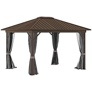 TBGFPO 10' X 12' Outdoor Hardtop Gazebo with Aluminum Frame, Metal Roof Gazebo Canopy with Curtains and Netting