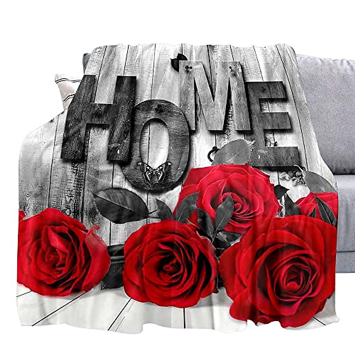 LUVIVIHOME Red Rose Blanket, Rustic Farmhouse Romantic Flower Floral Throw Blanket, Grey Blanket, Cozy Soft Fuzzy Warm Flannel Fleece Blanket for Couch, Sofa, Valentine's Day Gifts for Women, 30"x40"