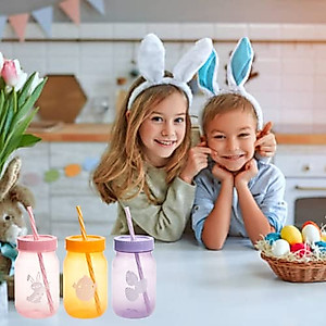 LLE Happy Easter Plastic Pint Jar Tumbler with Lids & Straw, 16oz Pastel Reusable Cups for Kids Adults Drinking Cup Water Juice Bottle Spring Summer Home Indoor Outdoor Use and Gifts Set of 3