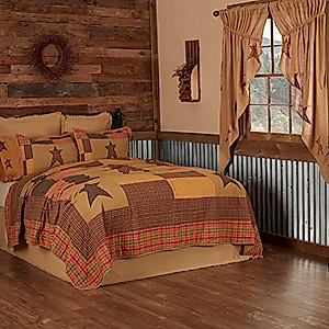 VHC Brands Stratton California King Quilt 130Wx115L Primitive Country Patchwork Design, Tan and Red-Orange