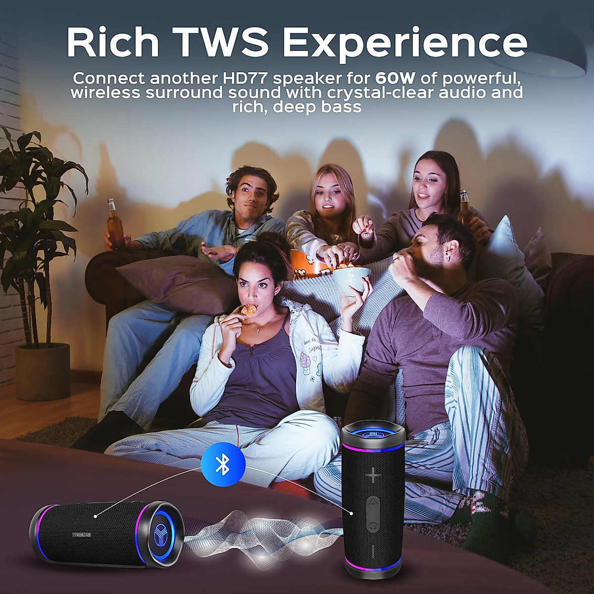 TREBLAB HD77 - Bluetooth Speaker - Loud 360° HD Surround Sound w/Bass, 30W Stereo, IPX6 Waterproof, 20H Battery Portable Speaker w/Bluetooth, Wireless Dual Pairing, Outdoor Blue Tooth Speaker