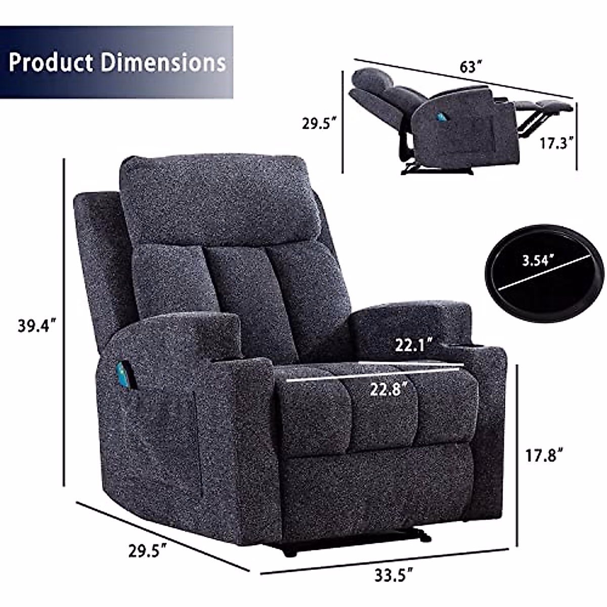 ANJ Massage Recliner Chairs with Cup Holders Breathable Fabric Manual Recliners with Heat for Living Room, Modern Reclining Single Sofas (Dark Grey)