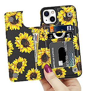 LETO iPhone 14 Case,Flip Folio Leather Wallet Case Cover with Fashion Flower Designs for Girls Women,Built-in Card Slots Kickstand Protective Phone Case for iPhone 14 6.1" Blooming Sunflowers