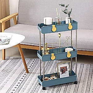 Melody House 3-Tier Slim Mobile Shelving Unit on Wheels, Slide Out Rolling Bathroom Storage Organizer, Utility Carts Shelf Rack for Kitchen Bathroom Laundry Room Narrow Places, Navy Blue