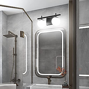 Ralbay Matte Black Bathroom Light Fitures 2-Light Mid Century Modern Bathroom Light Fixture Matte Black Milky Glass Ball Wall Light for Bathroom