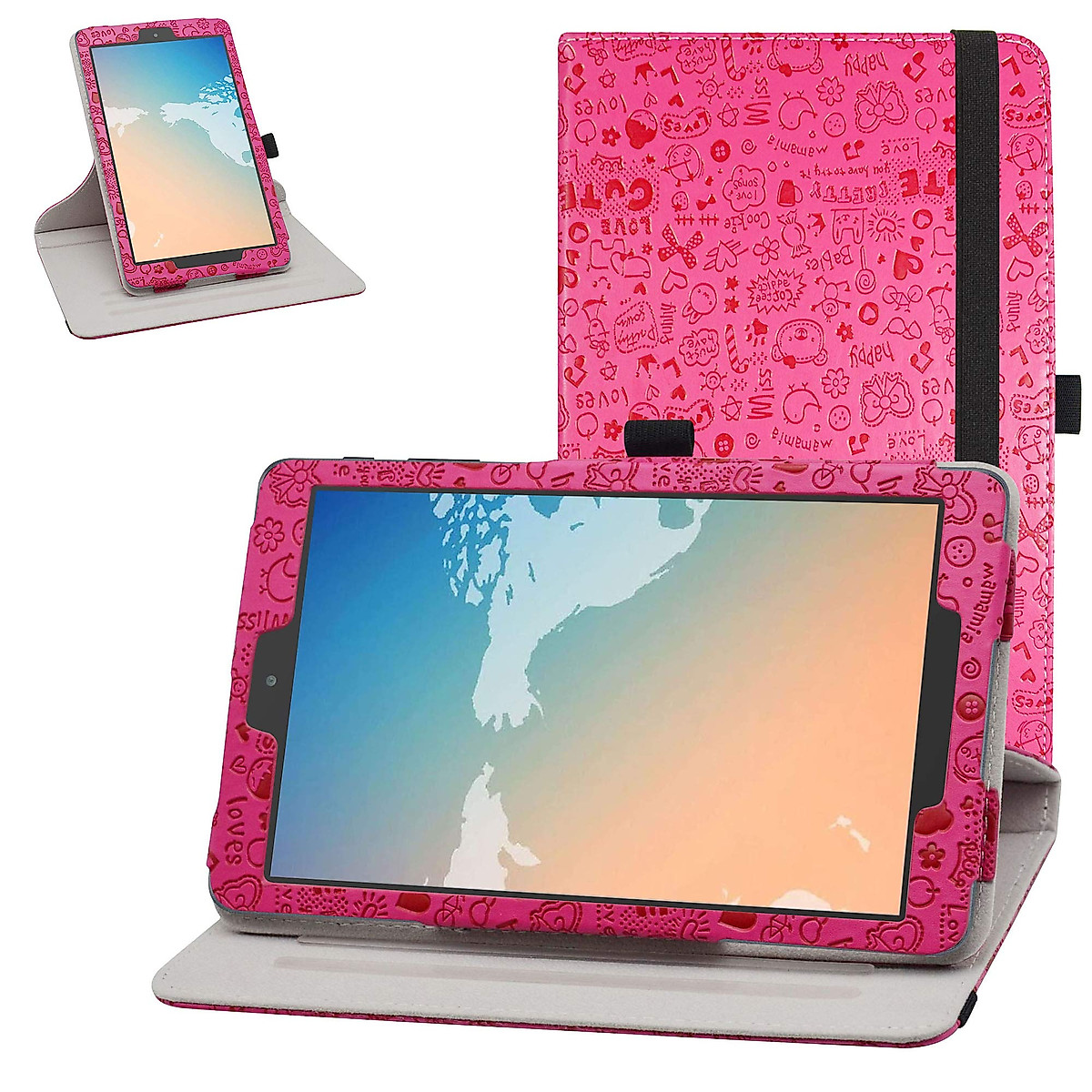 Bige for Alcatel Joy Tab 2 Case, 360 Rotary Stand with Cute Rose Red Pattern Cover for 8" Tablet