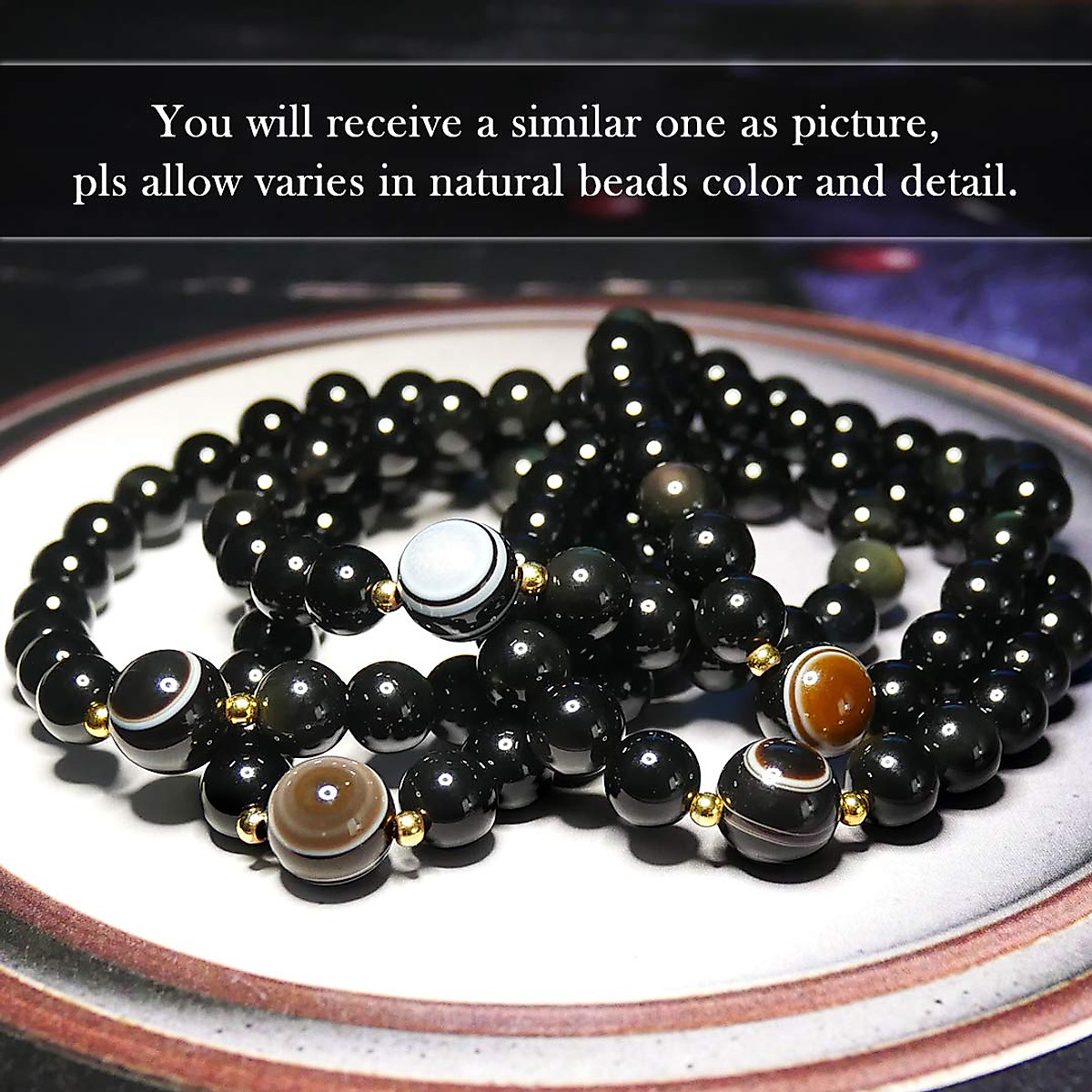 L&C Feng Shui Black Obsidian Beaded Bracelet - Women Mens 8MM Natural Obsidian Crystal Evil Eye Agate Relief Reiki Healing Stone Protection Link Bracelet Bring Luck Prosperity Wealth (Black Evil Eye)