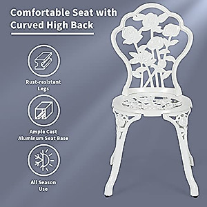 Giantex 3 Piece Bistro Set, Cast Aluminum Porch Furniture, Outdoor Patio Dining Table and Chairs with Umbrella Hole for Balcony Backyard Garden Poolside (White Rose Pattern)