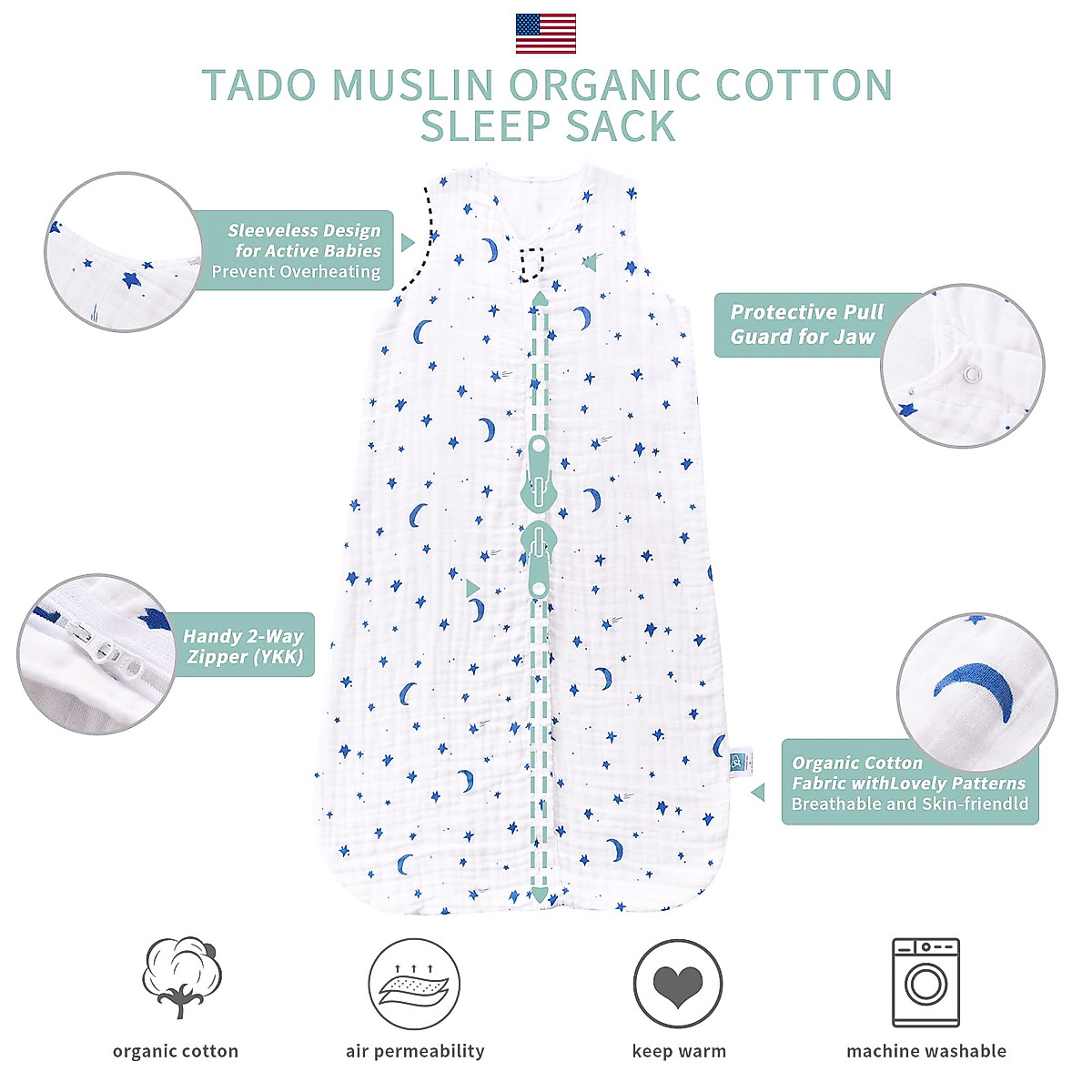 TADO MUSLIN Toddler Sleep Sack for 2-4T Baby, Organic Cotton Wearable Blanket for Boys and Girls 0.5 TOG 2-Way Zipper Soft 4 Layers X-Large Star Moon