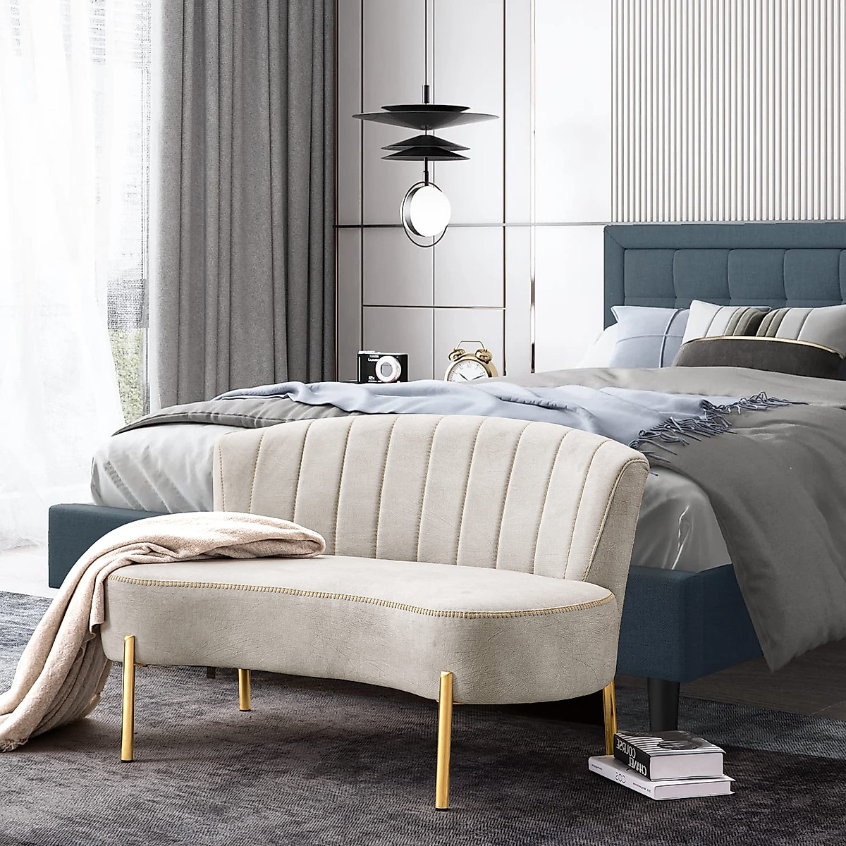 annjoe Loveseat Settee Upholstered Sofa Couch Banquette Bench Ottoman with Backrest and Golden Metal Legs for Dining Room Living Room Bedroom Funiture