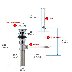 Bathroom Sink Drain with Overflow, Solid Brass Push and Seal Pop Up Drain Stopper Lift Rod, Bathroom Lavatory Vanity Vessel Sink Drain Compatible with Moen, American Standard, Universal Drain Hole