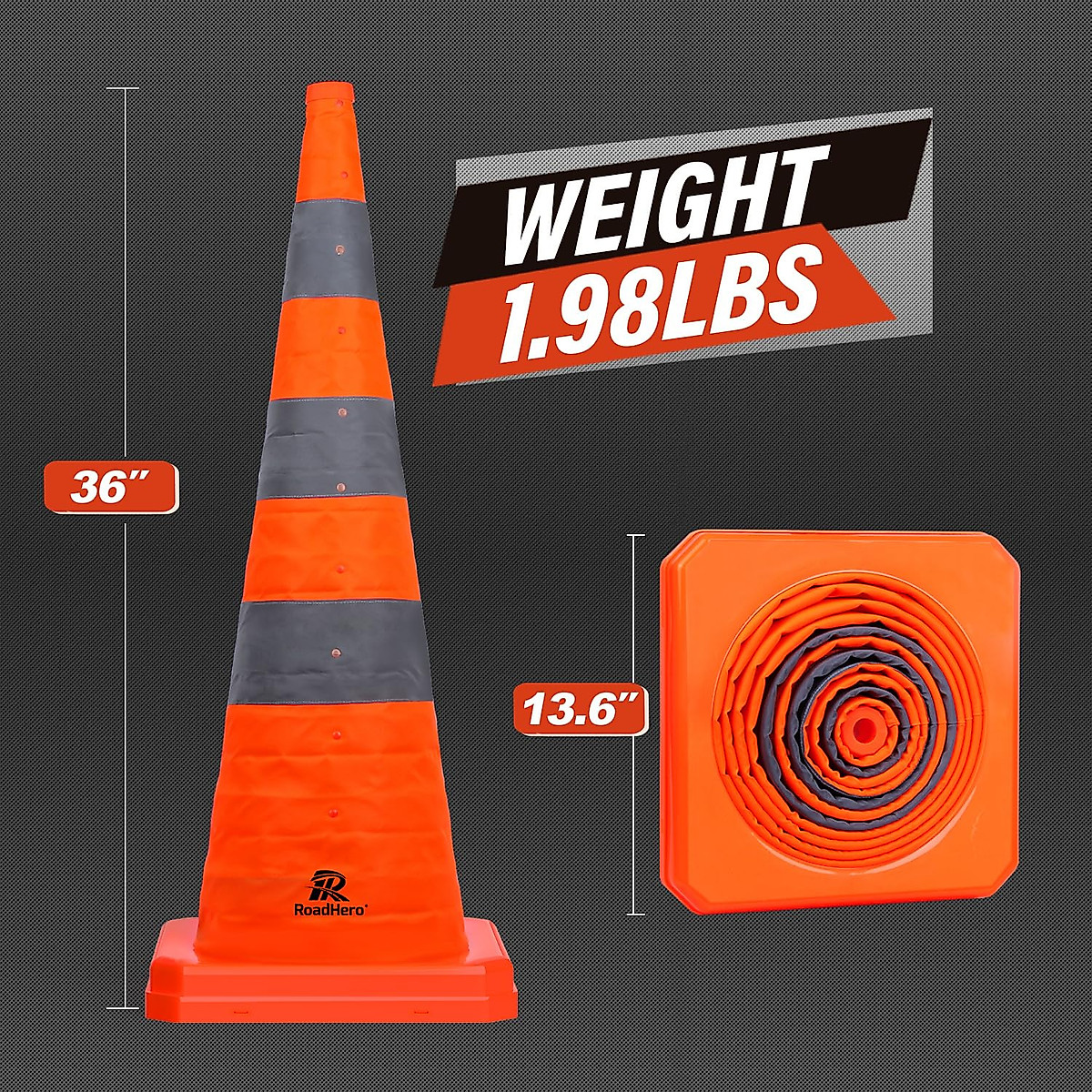 RoadHero 36 Inch [4 Pack] Collapsible Traffic Safety Cones, Multi Purpose Pop-up Cones with Reflective Collar for Road Safety, Orange Cones for Driving Training, Parking Lots