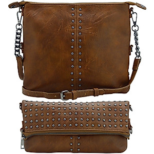 K&Bo Stevie Women’s Studded Chain Crossbody Handbag Purse Brown, Rocker Chic Boho Medium, Converts to Clutch Bag, Lightweight