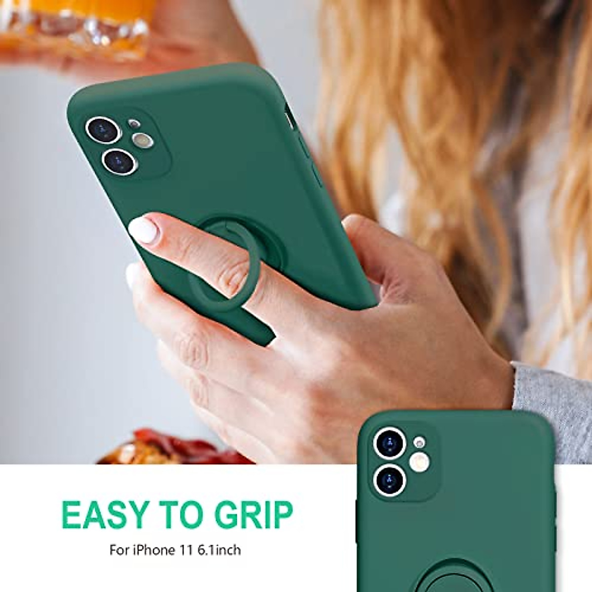 Hython Case for iPhone 11 Case with Ring Stand [360° Rotatable Ring Holder Magnetic Kickstand] [Support Car Mount] Slim Shockproof Soft Rubber Protective Phone Case Cover for Women, Midnight Green