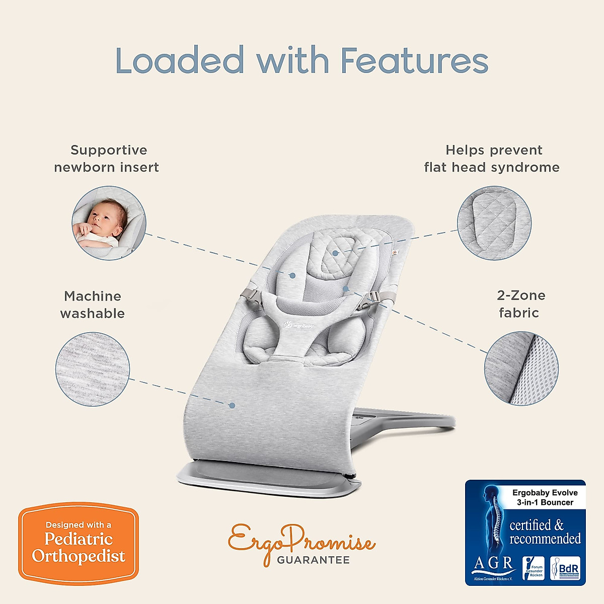 Ergobaby Evolve 3-in-1 Bouncer, Adjustable Multi Position Baby Bouncer Seat, Fits Newborn to Toddler, Light Grey