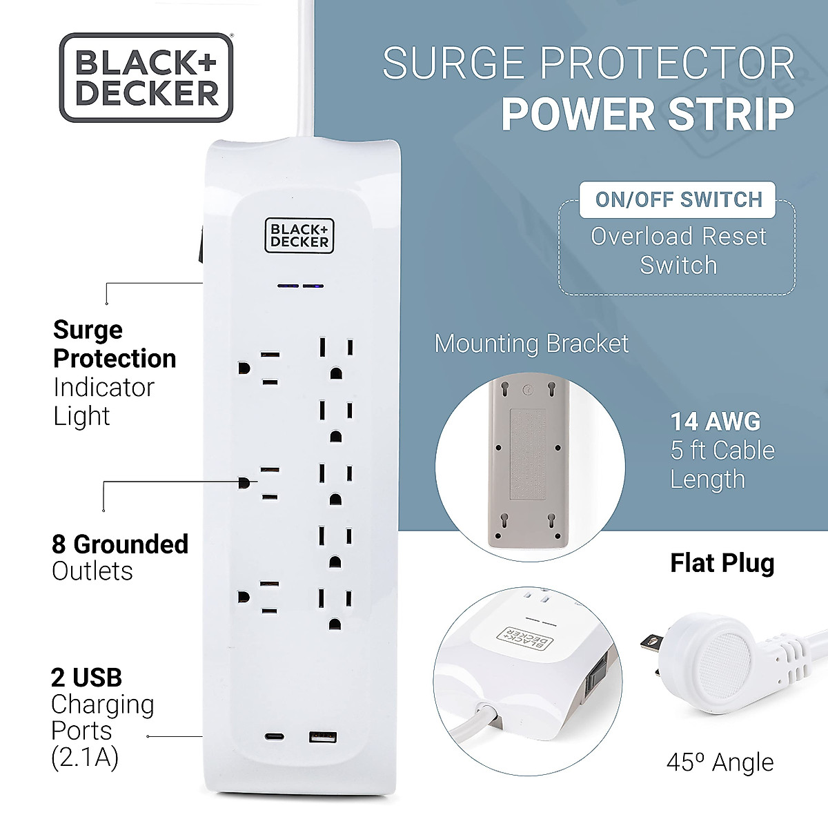 BLACK+DECKER Power Strip Extension Cord with 3 Grounded Outlets, 2 USB Charging Ports, 5 ft Cable - Indoor Charging Station Outlet Strip with Flat Plug - Premium Electrical Outlets & Accessories