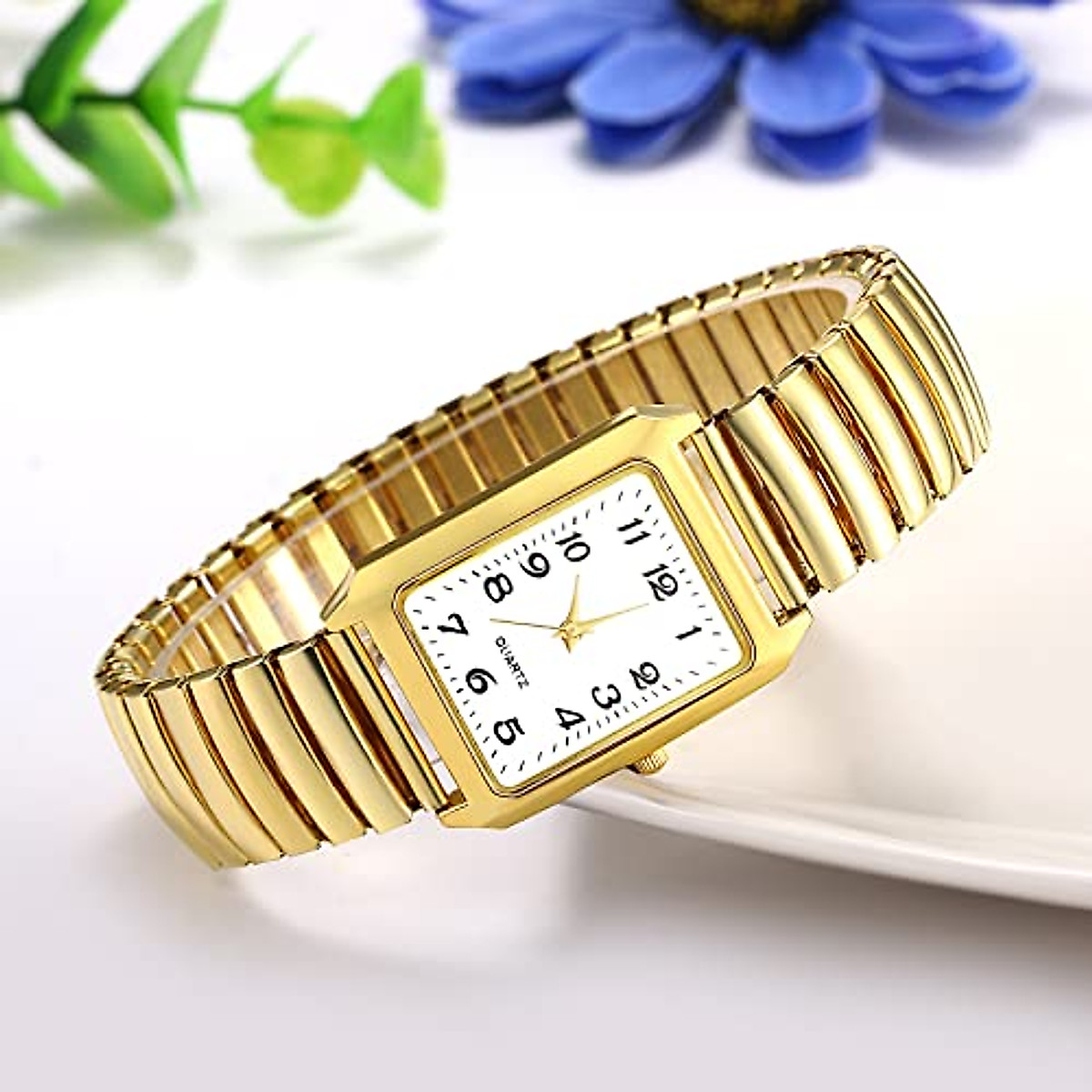 JewelryWe Women's Ultra Thin Easy Reader Watch with Elastic Strap, Golden/Silver Square Watch, for Valentine's Day