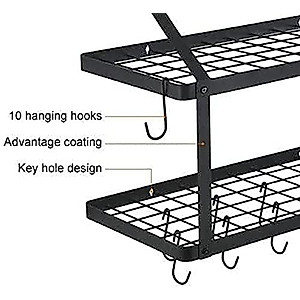 BERTY·PUYI Hanging Rack Mounted Kitchen Pot Rack for Kitchen Storage and Organization Matte Black 2 Tier Wall Shelf for Pots and Pans with 12 Hooks
