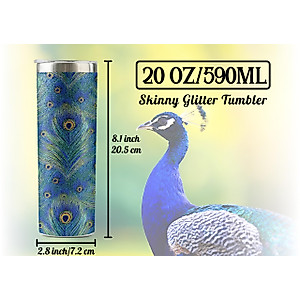 Onebttl Peacock Skinny Glitter Tumbler Gifts For Women, Female and Her - Peacock Feather - 20oz/590ml Stainless Steel Insulated Tumbler with Straw, Lid - Gift for Peacock Lovers