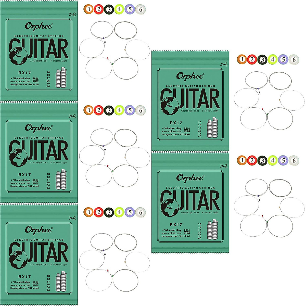 5 Packs Full Set Orphee RX17 Nickel Alloy Colorful Ball-End Electric Guitar Strings Standard Tension 010-046