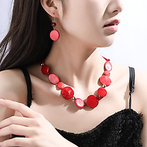 Jules D. Simple Beaded Choker Necklace Handmade Shell Multi Colorful Brown Green Beads Statement Necklace Bracelet Earring Set Costume Jewelry for Women Gifts (Red)